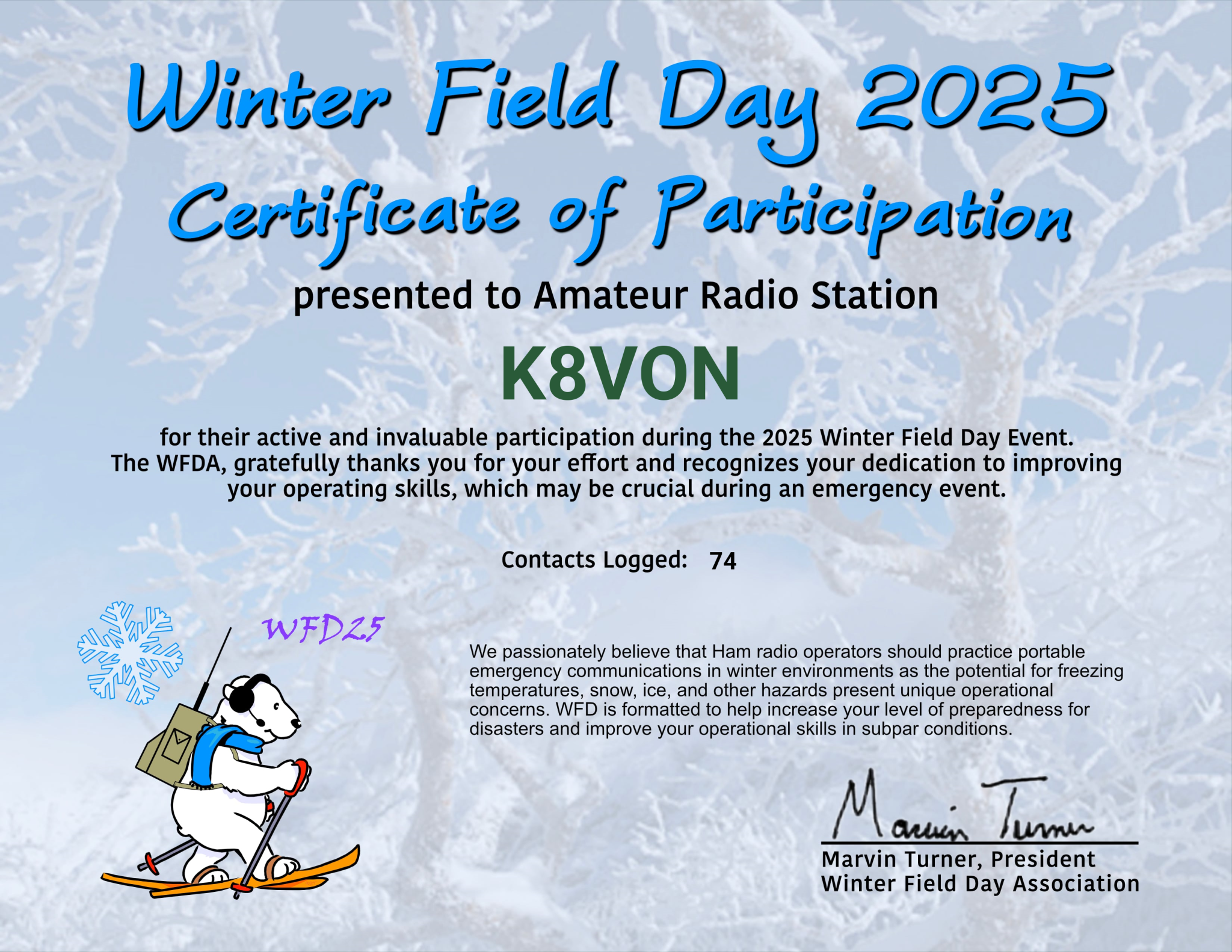 Winter Field Day Certificate – Defiance County Amateur Radio Club